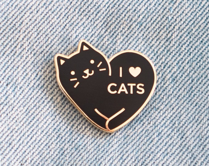 I Love Cats Enamel Pin // Black / Gold / Cat Heart / Lapel Pin ...