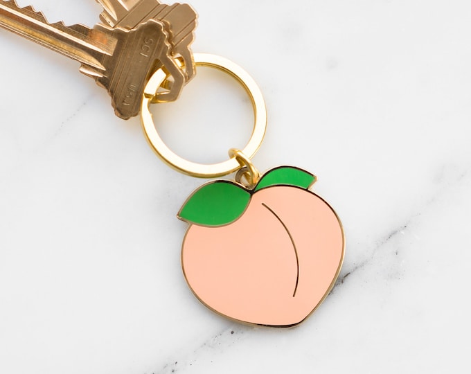 Peach Enamel Keychain // Gold / Peach Emoji / Fruit Keychain / Key ...