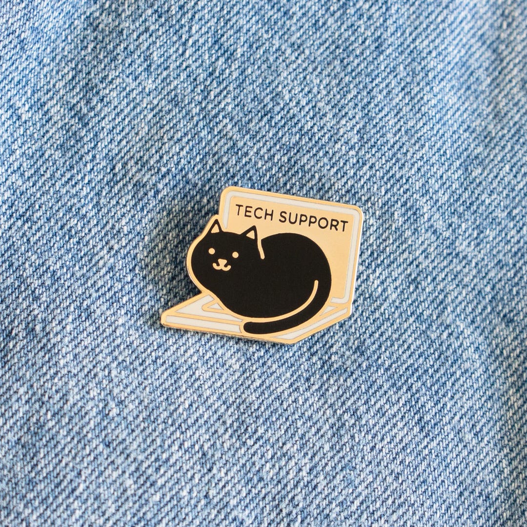 Tech Support Enamel Cat Pin // Black / Gold / Computer Cat / Laptop Cat ...