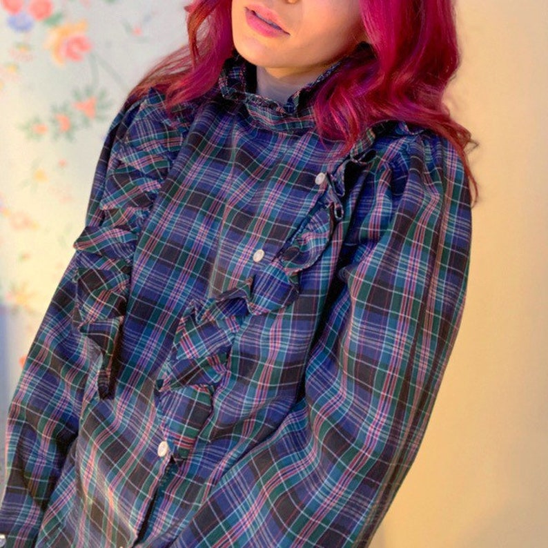 Puff Sleeve Ruffle Plaid Shirt - Etsy