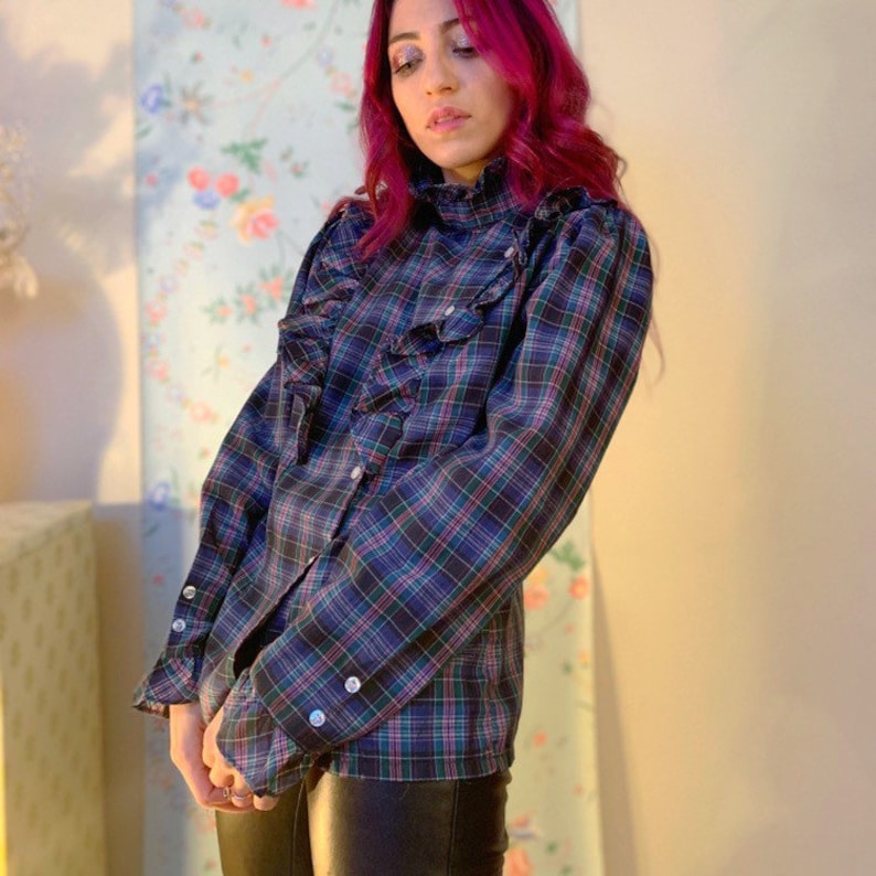 Puff Sleeve Ruffle Plaid Shirt - Etsy
