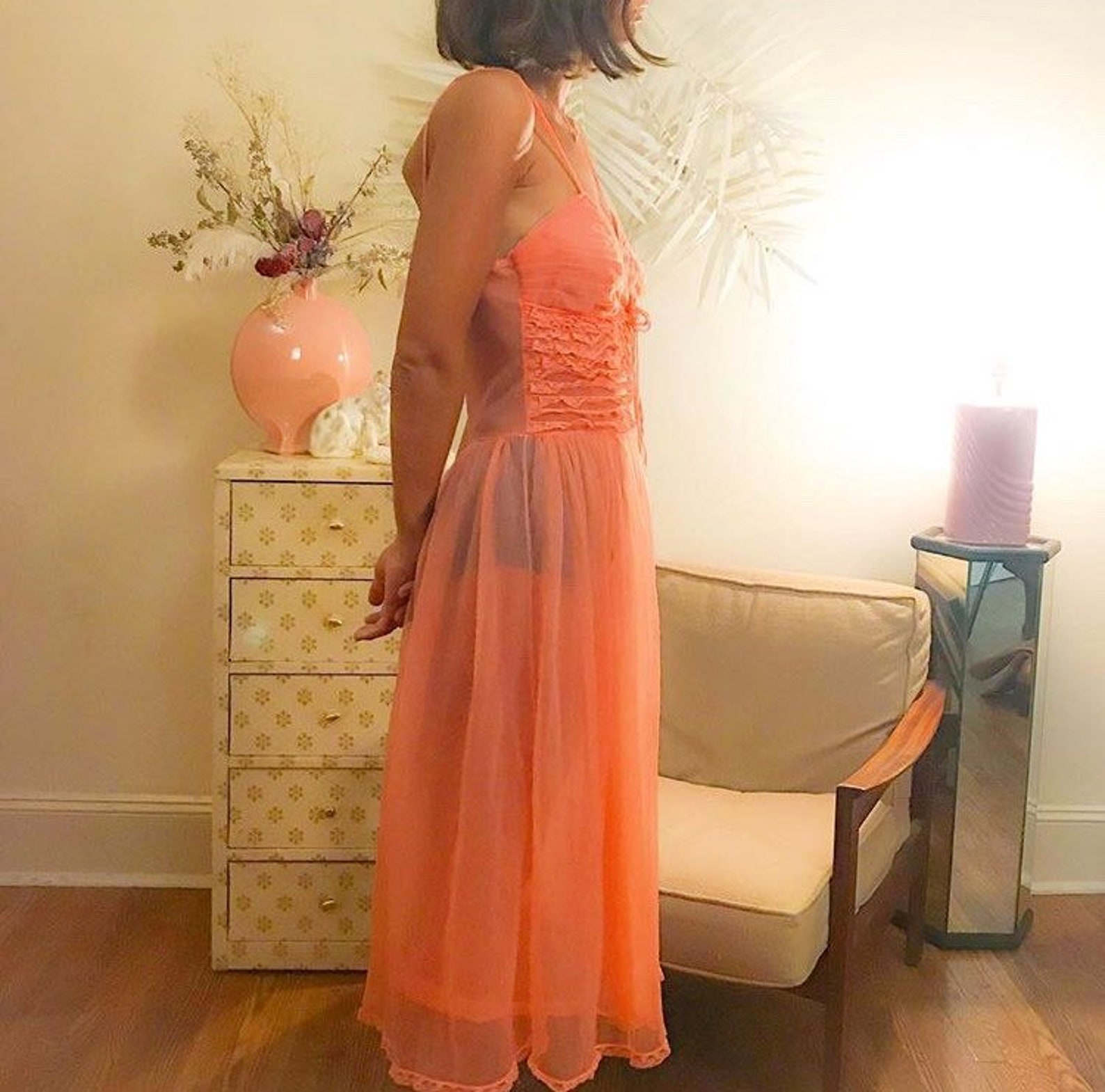 Sheer Peach Lace Ruffle Dress - Etsy