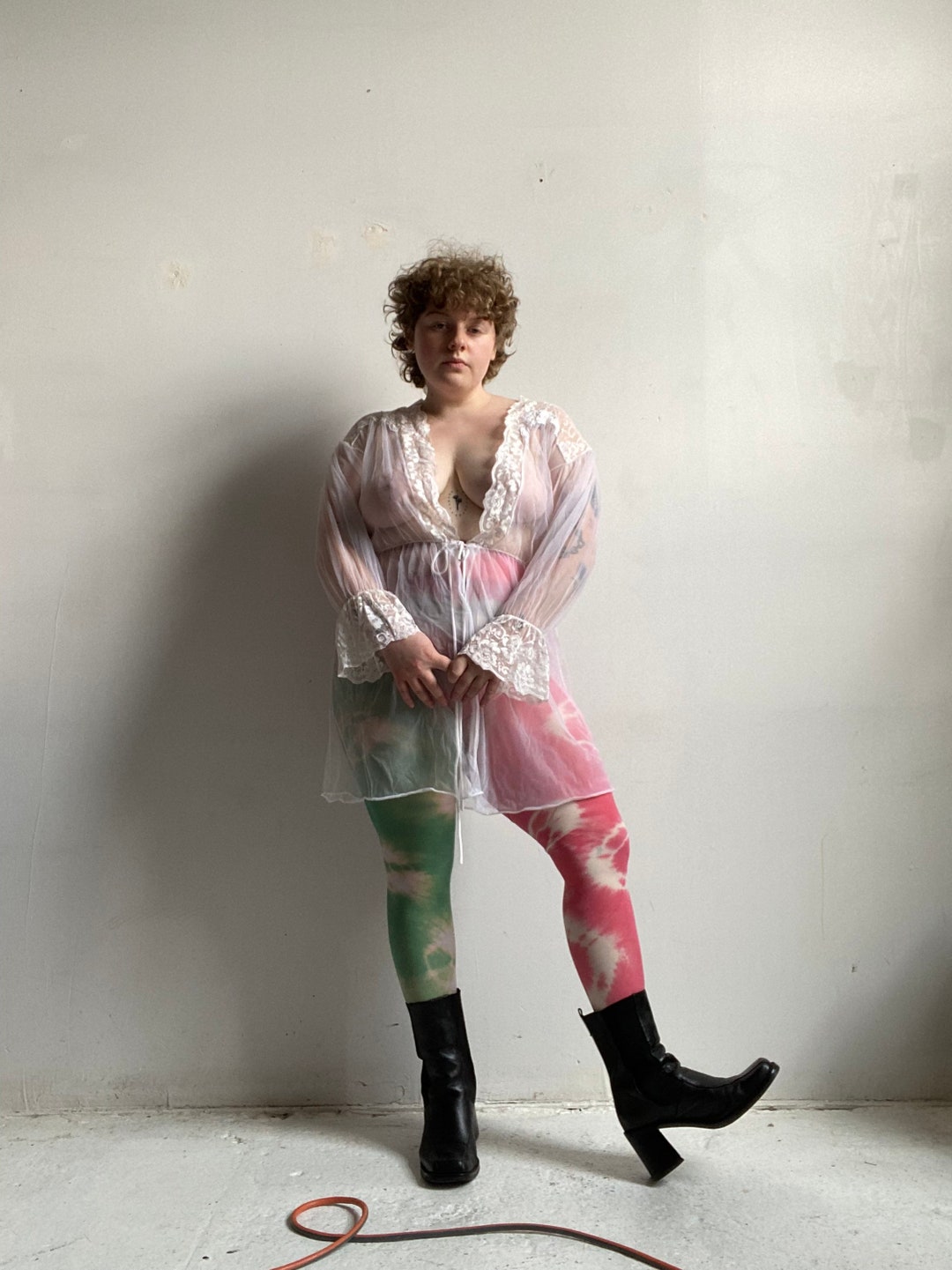 Hand-dyed Tie Dye Tights: Two-tone Green & Pink Stockings - Etsy
