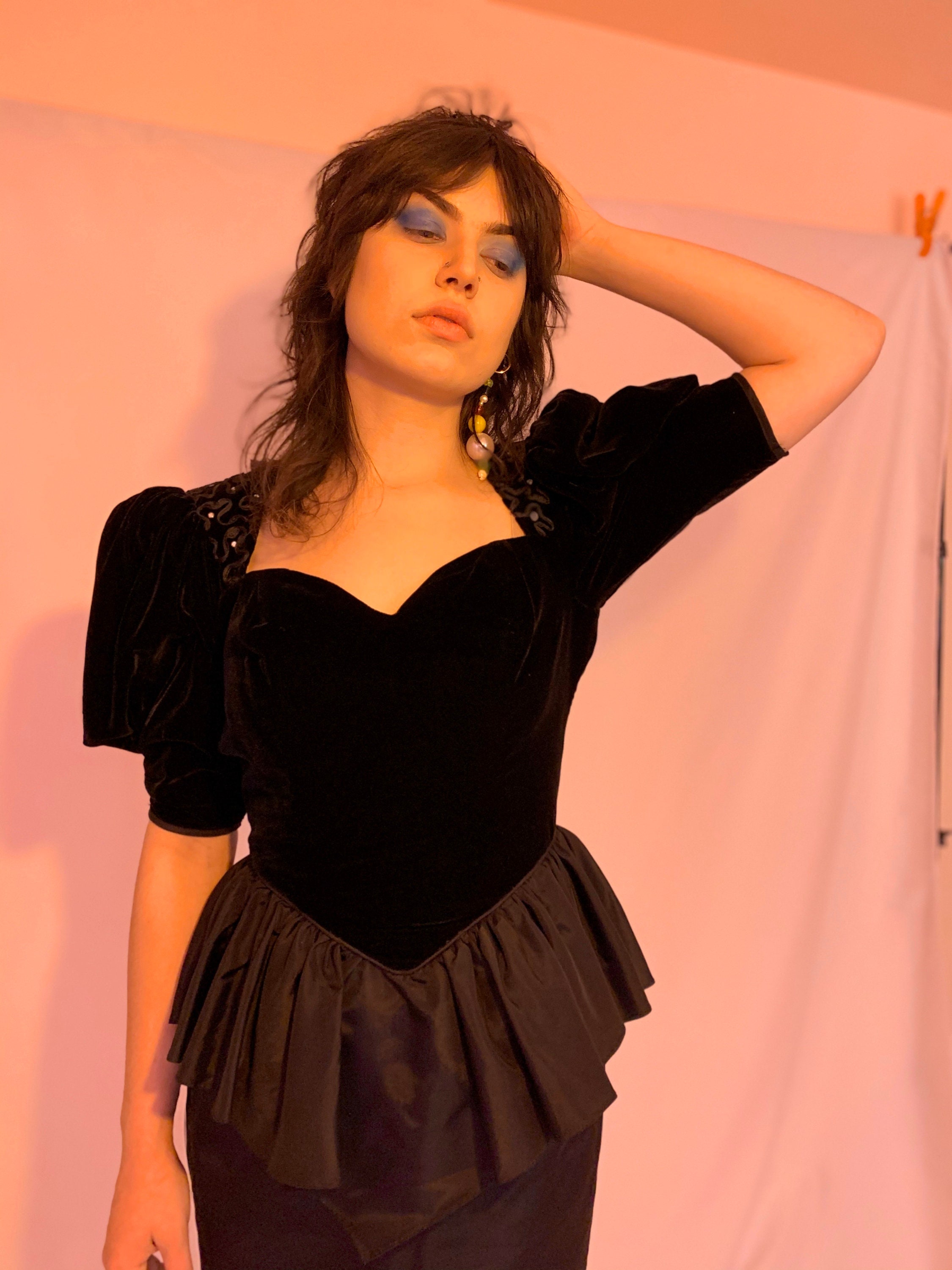 80s Puff Sleeve Sweetheart Ruffle Dress | Etsy