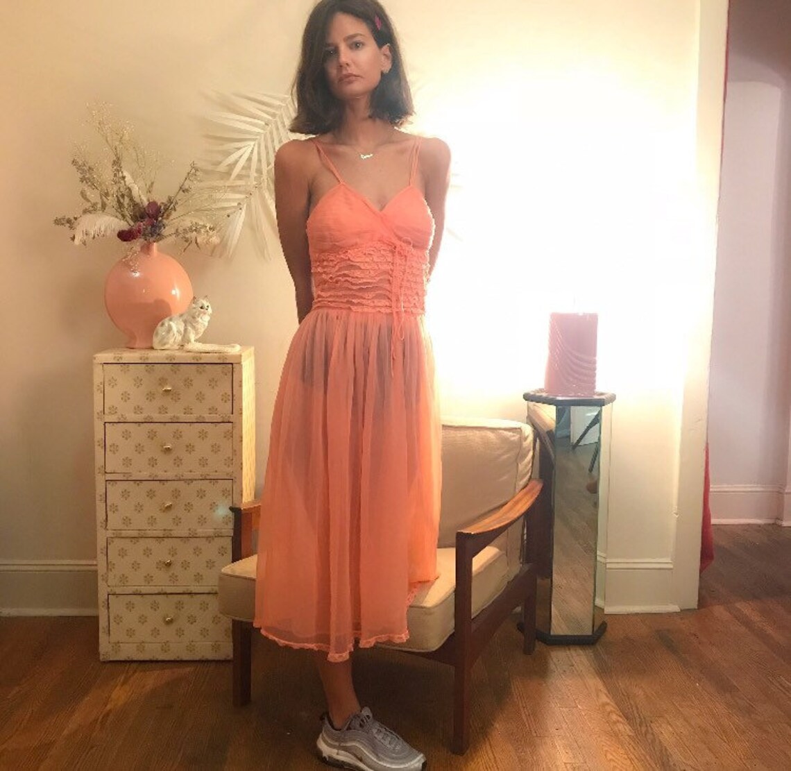 Sheer Peach Lace Ruffle Dress - Etsy