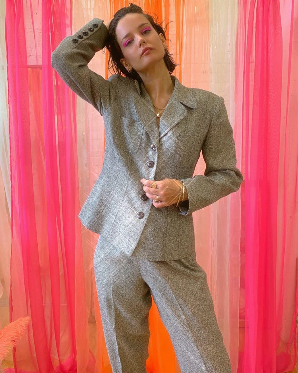 90s Rayon Black and White Suit - Etsy