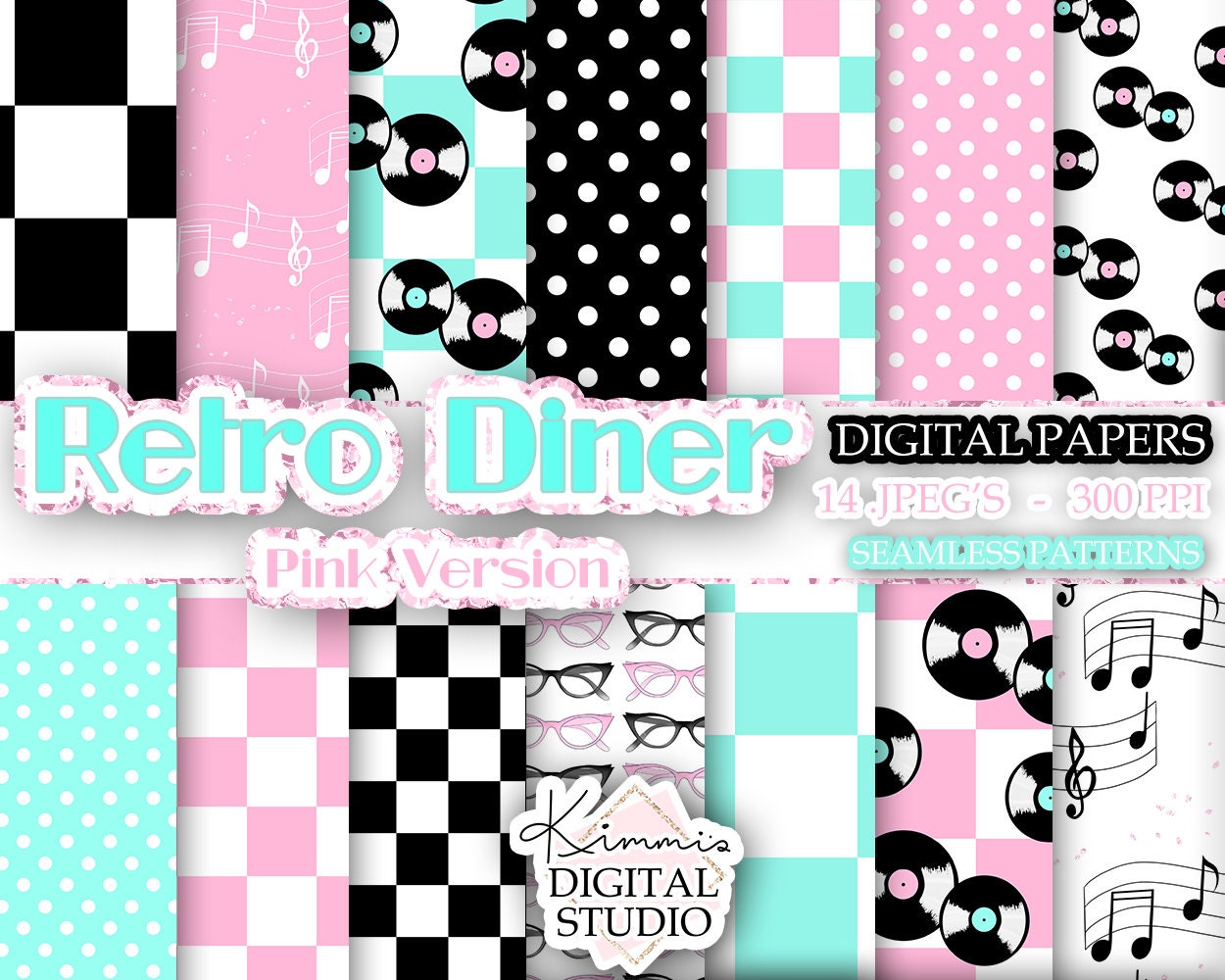 Retro Diner pink Digital Paper Pack 14 Digital Papers | Etsy