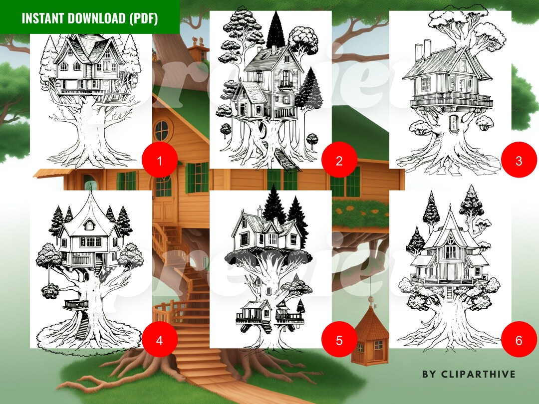 10 Treehouse Coloring Pages Creative Mindfulness Relaxing Art Activity ...