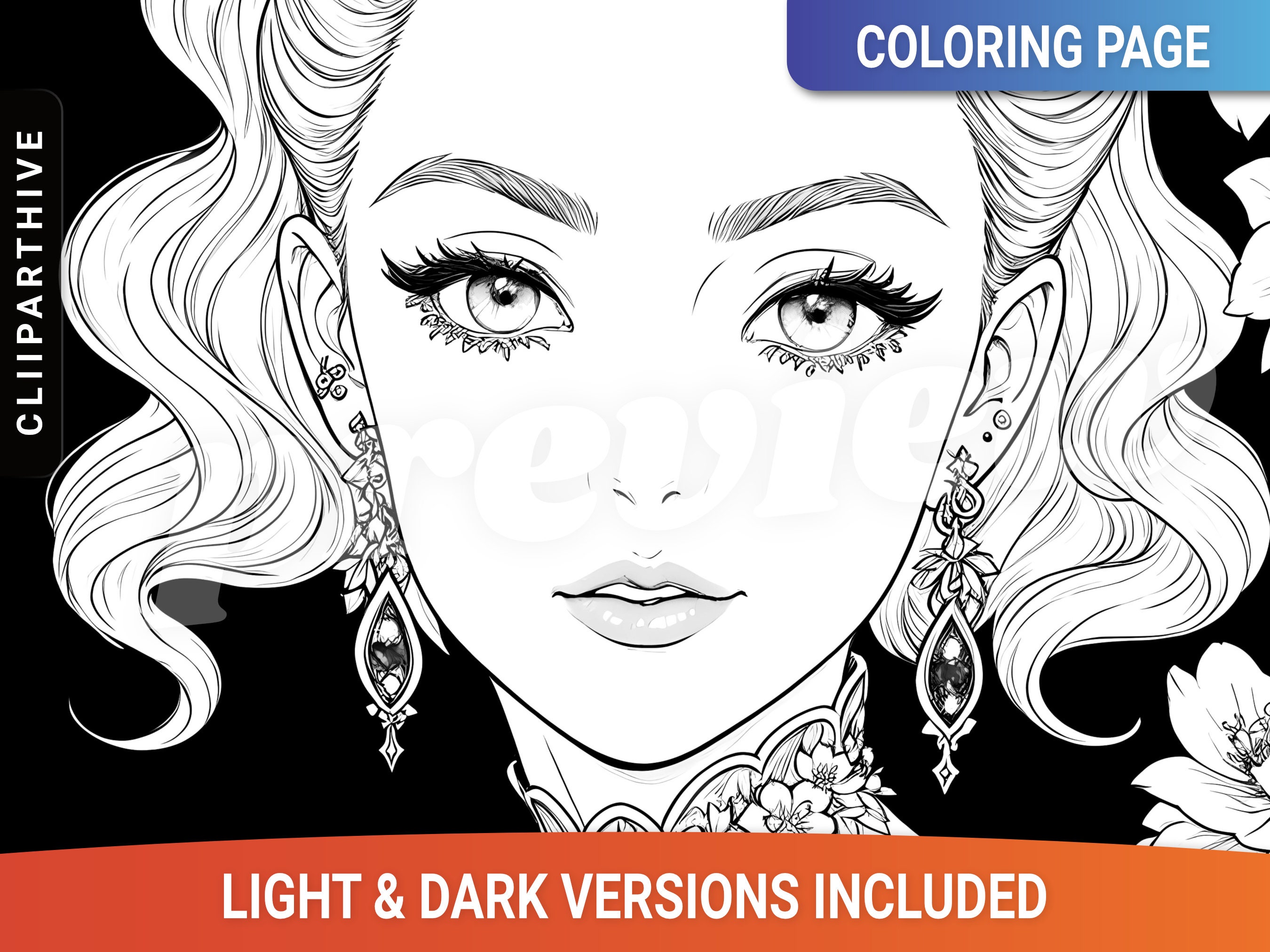 Radiating Grace, Coloring Page for Adults, Beautiful Girl, Grayscale ...