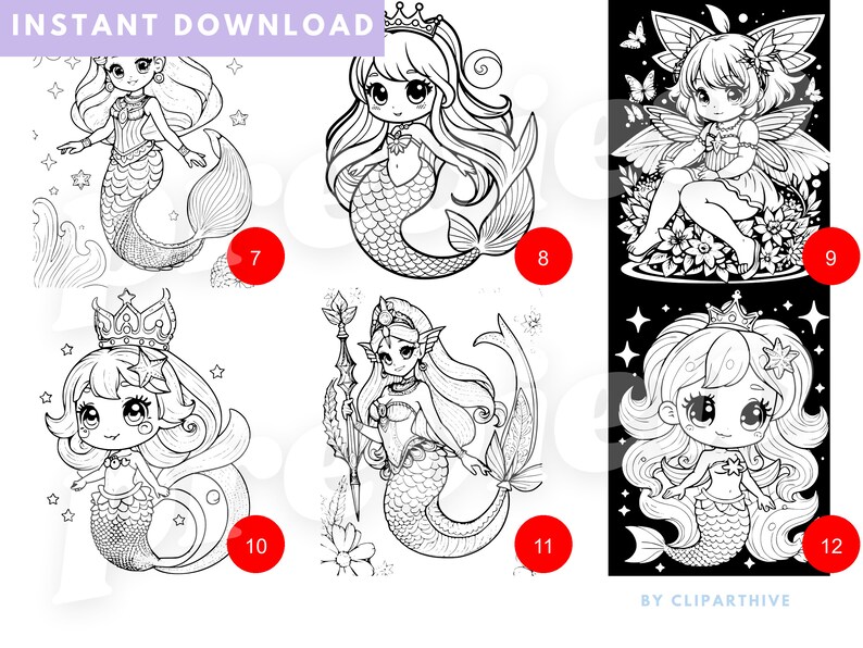 Chibi Mermaid Coloring Book, 15 Cute Mermaids Princess Kid Coloring ...