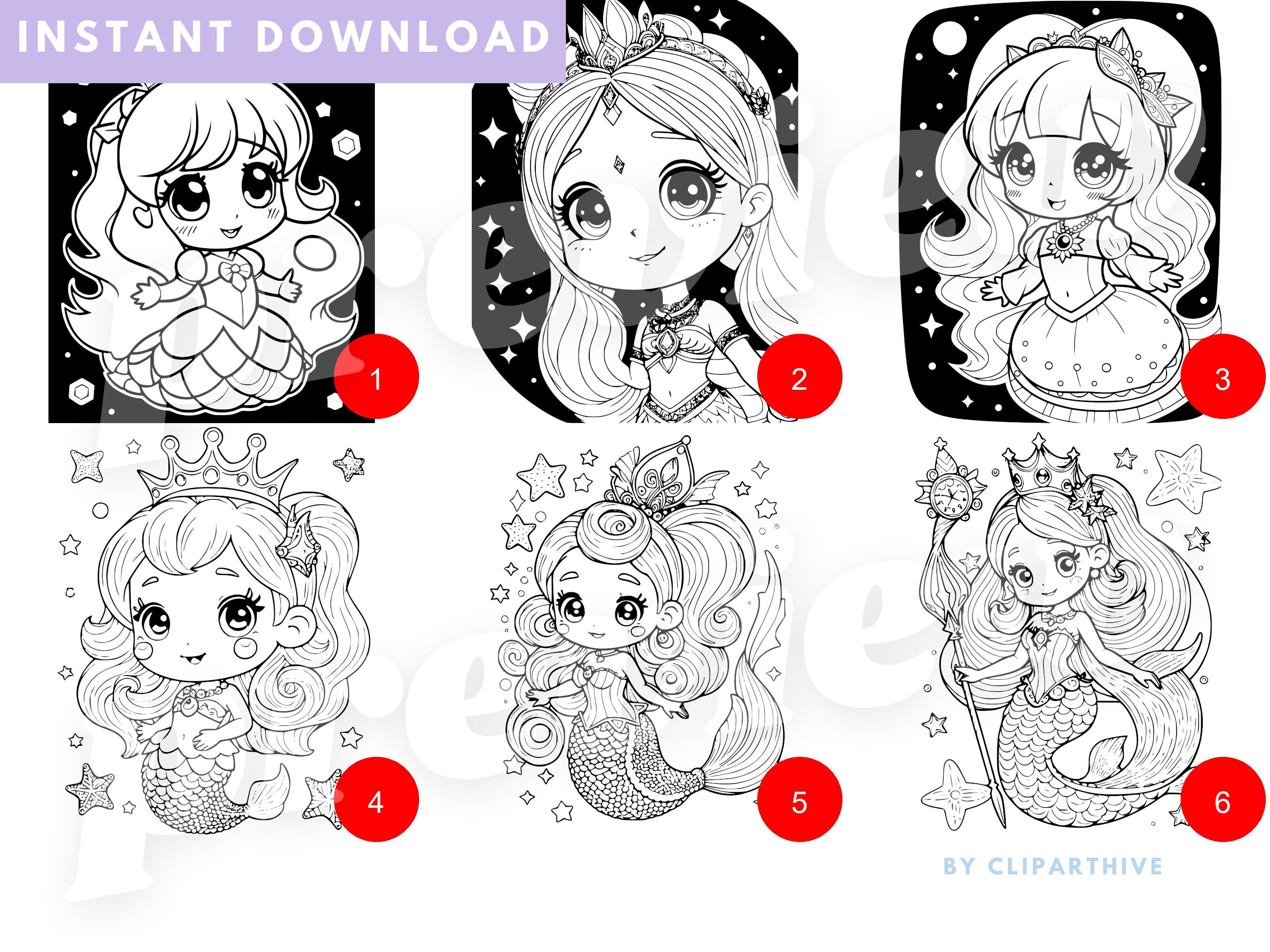 Chibi Mermaid Coloring Book, 15 Cute Mermaids Princess Kid Coloring ...