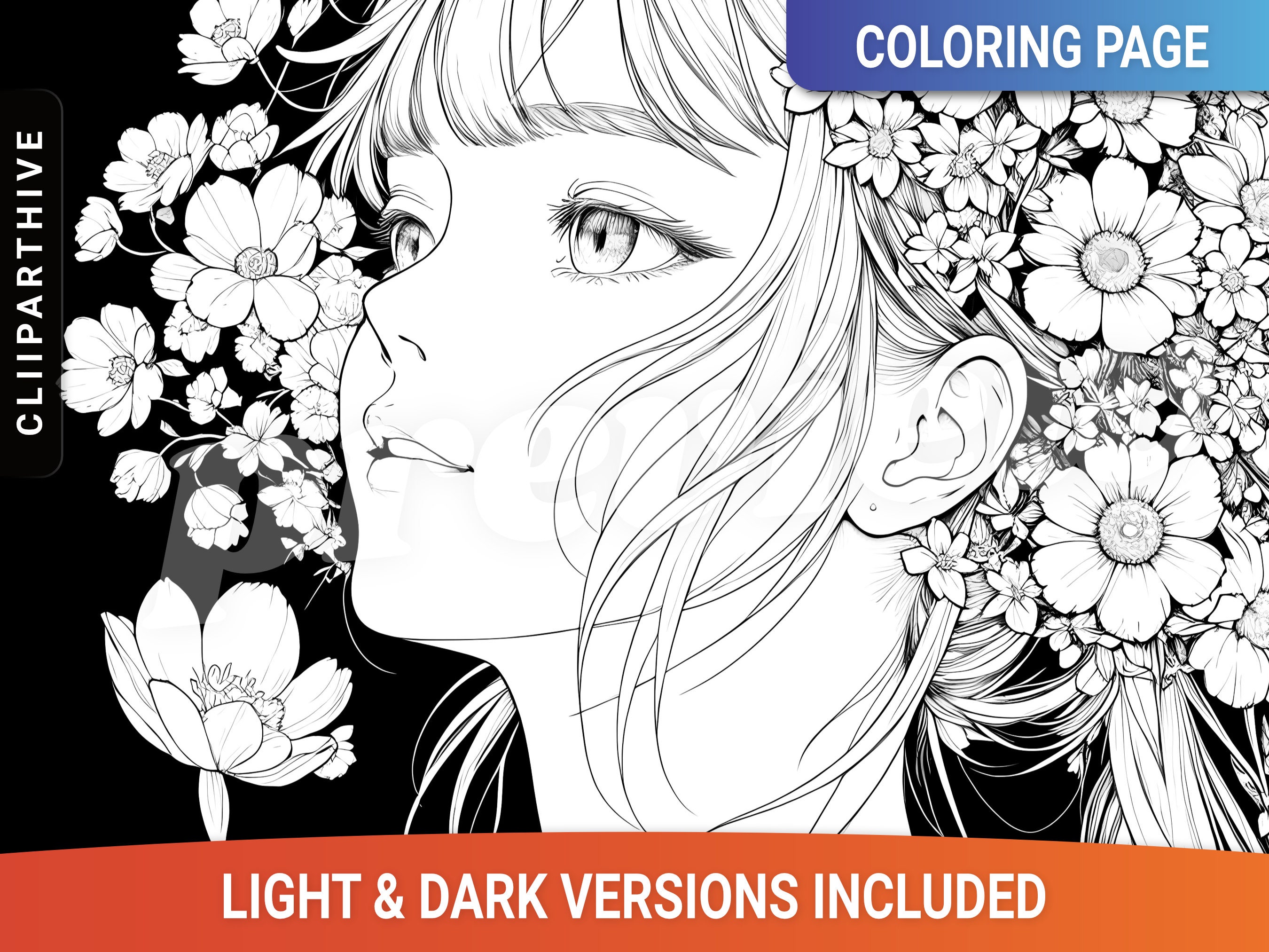 Floral, Coloring Page for Adults, Beautiful Girl, Grayscale Coloring ...