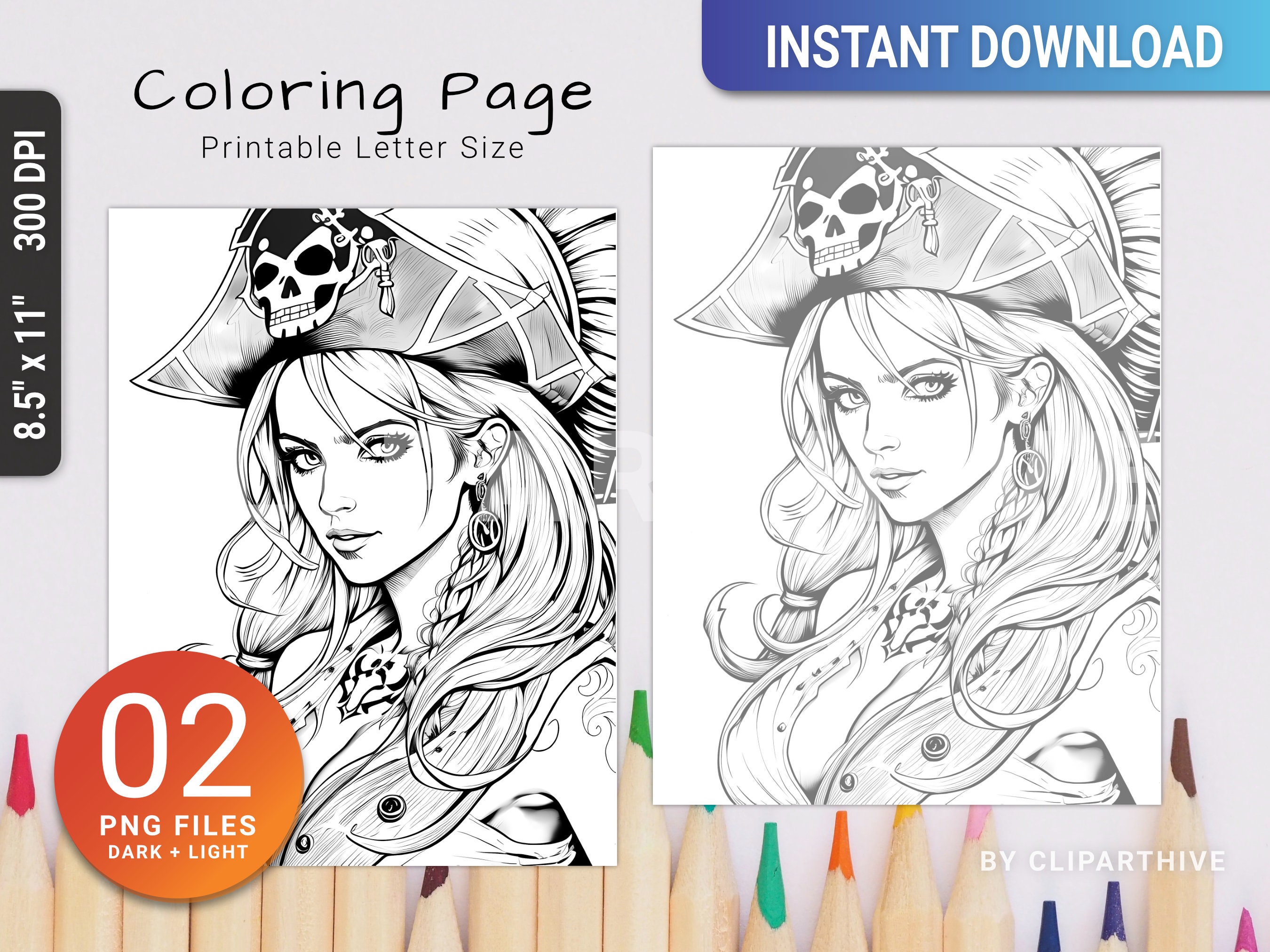 Pirate Woman, Grayscale Coloring Page for Adults, Girl Portrait ...