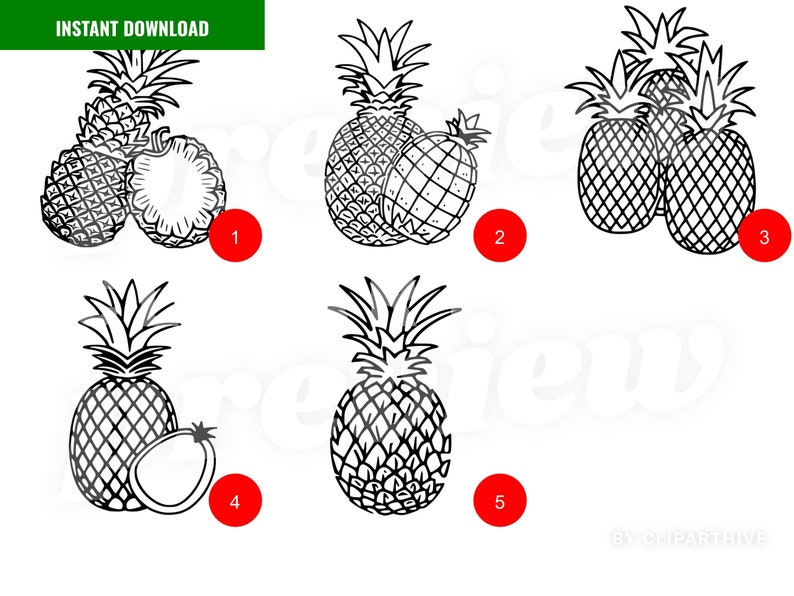 5 Pineapple SVG Clip Art, Decal Stencil Vinyl Files, Monogram Frames ...