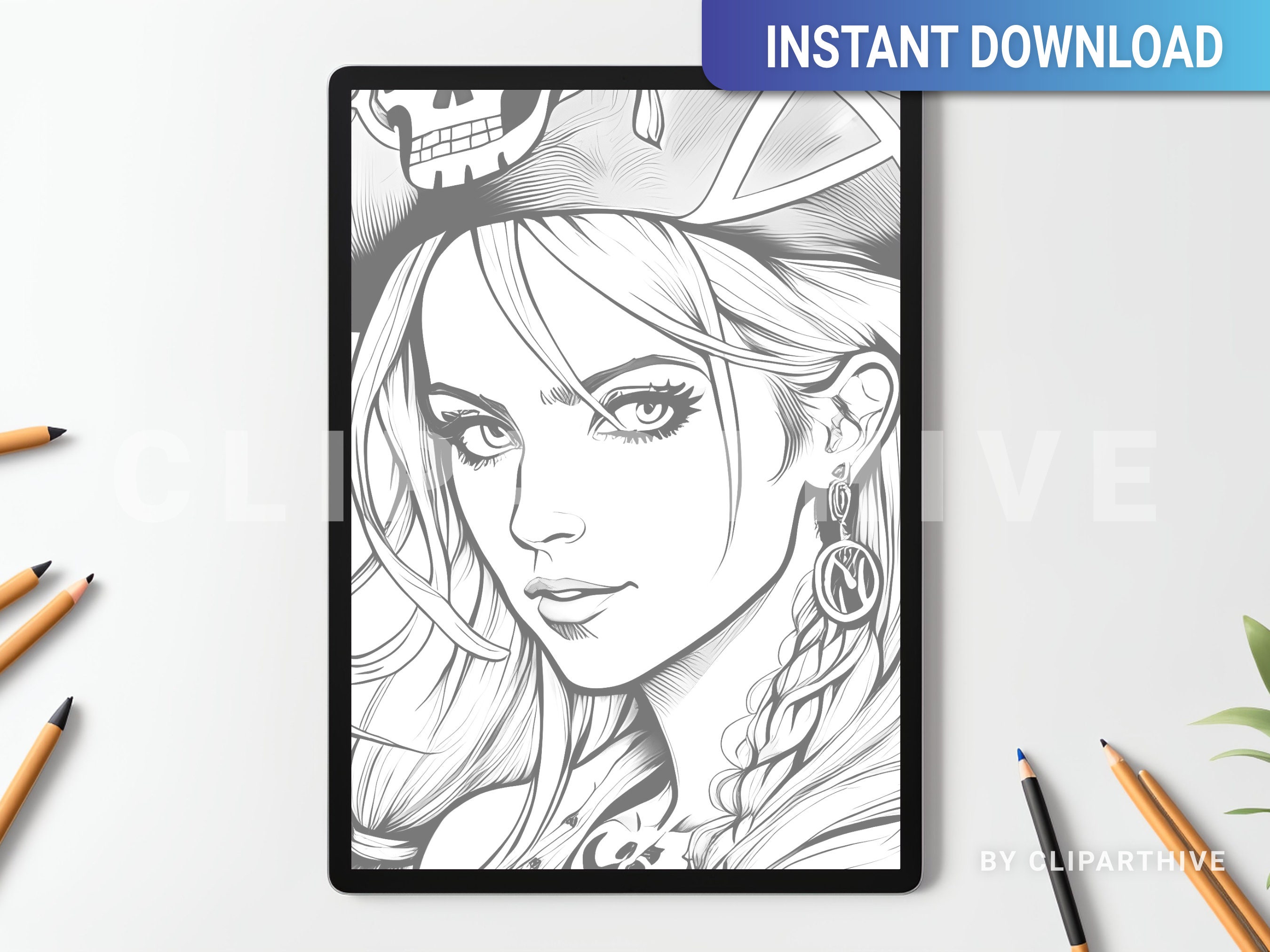Pirate Woman, Grayscale Coloring Page for Adults, Girl Portrait ...