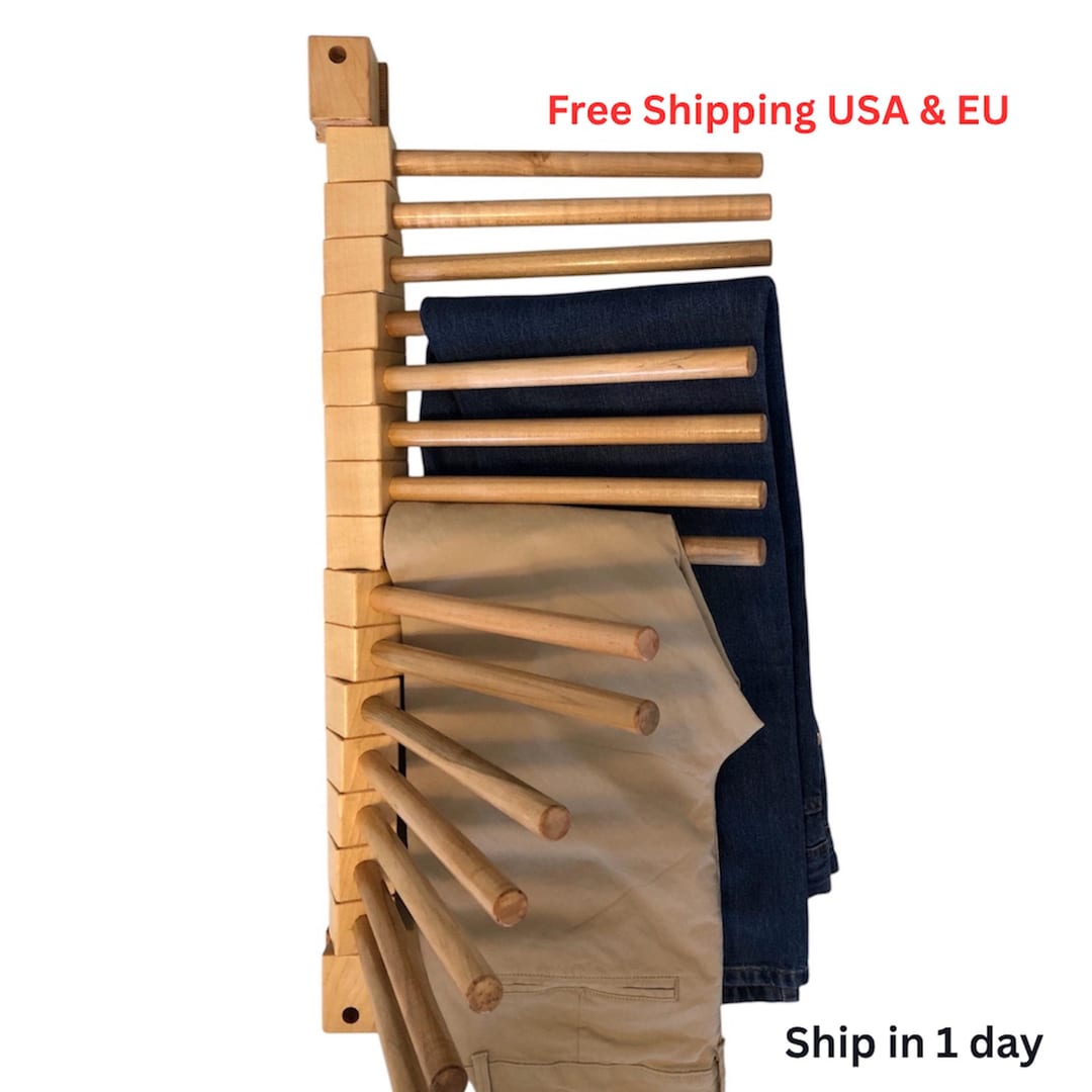 Folding Trouser Rack – Wall Mounted Pants Organizer | Solid Wood - Etsy