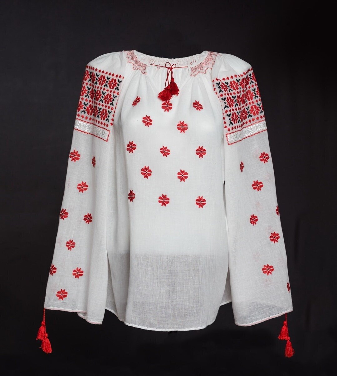 Hand Embroidered Romanian Blouse Authentic Handmade Folk Costume Tunic ...