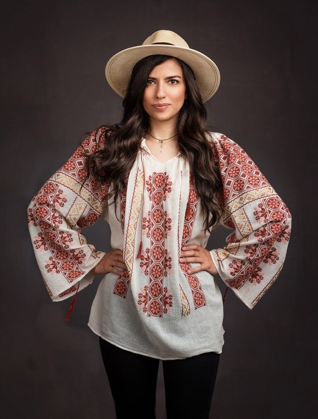 L Size 100% Handmade Embroidery Embroidered Romanian Blouse Roumaine Ie ...