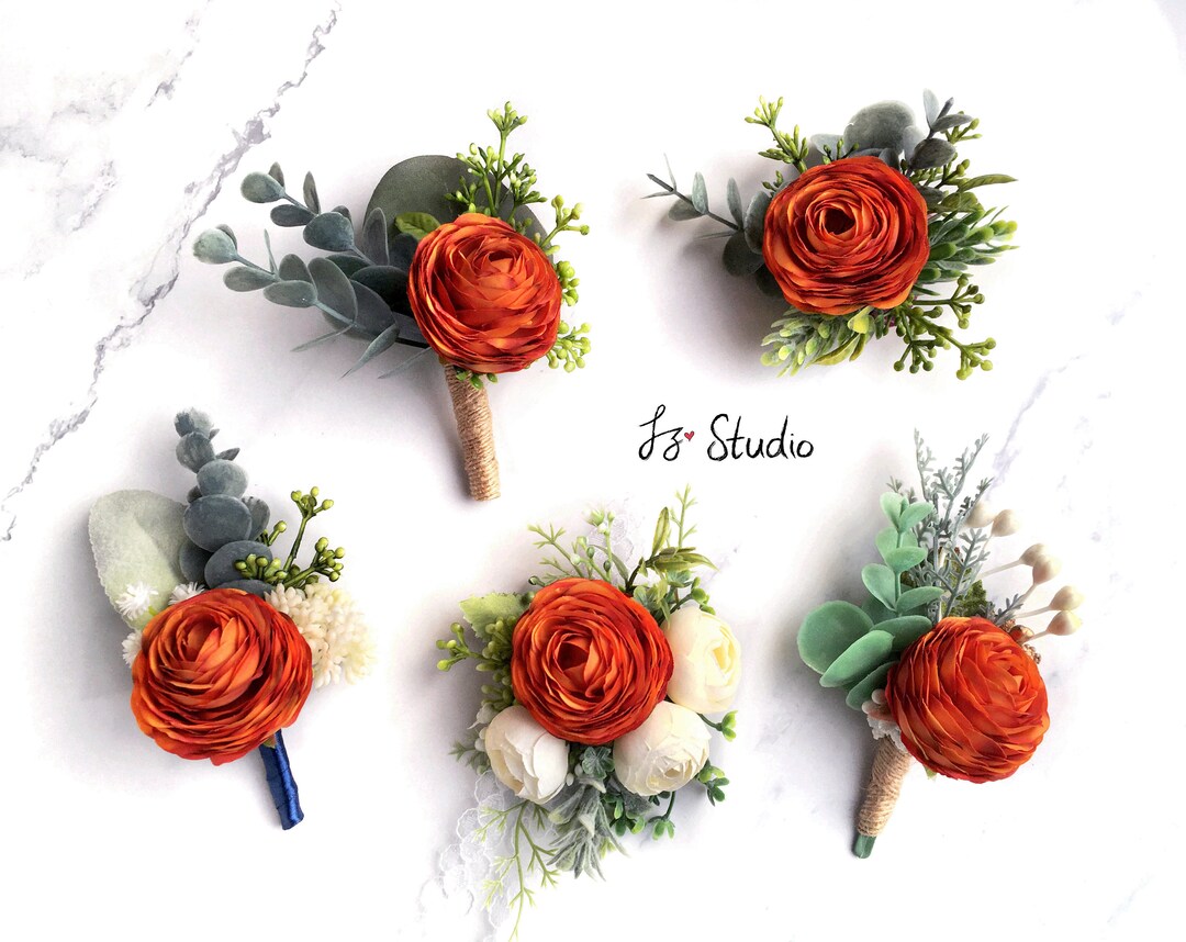 Rusty Burnt Orange Silk Ranunculus Boutonniere Wrist Corsage Set ...