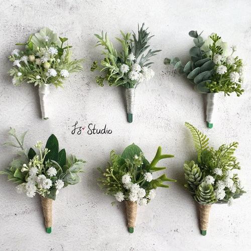 Rustic Wedding Boutonniere Ivory Greenery Boutineer Wrist - Etsy