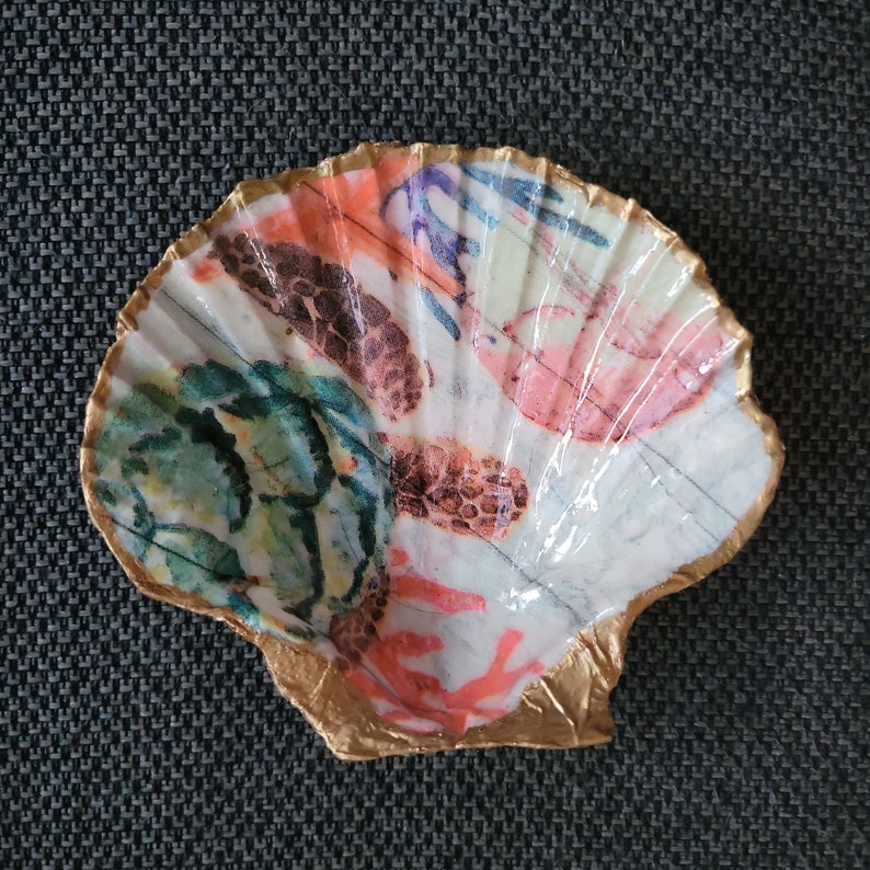 Decoupage Sea Shell/decoupage Shell Dish/decoupage Shell Trinket Dish ...