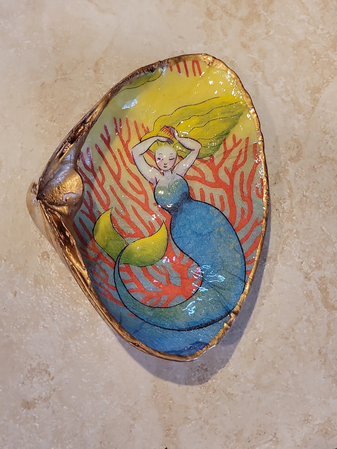 Decoupage Sea Shell Trinket Dish/decoupage Shell Dish/mermaid Dish ...