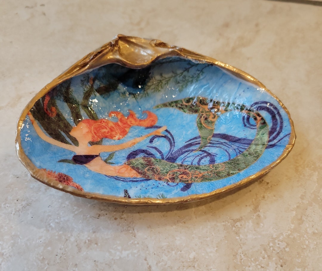 Decoupage Sea Shell/trinket Dish/mermaud Dish/mermaid Decor/shell ...