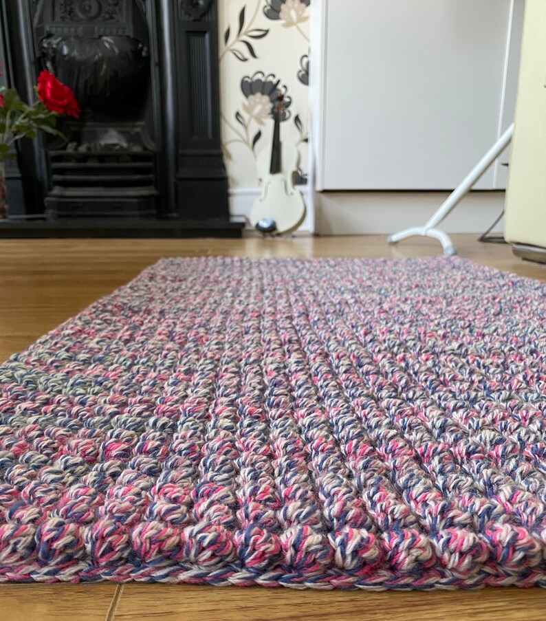 Pink Crochet Rug, Rectangle Multi Coloured Handmade Washable Rug for ...