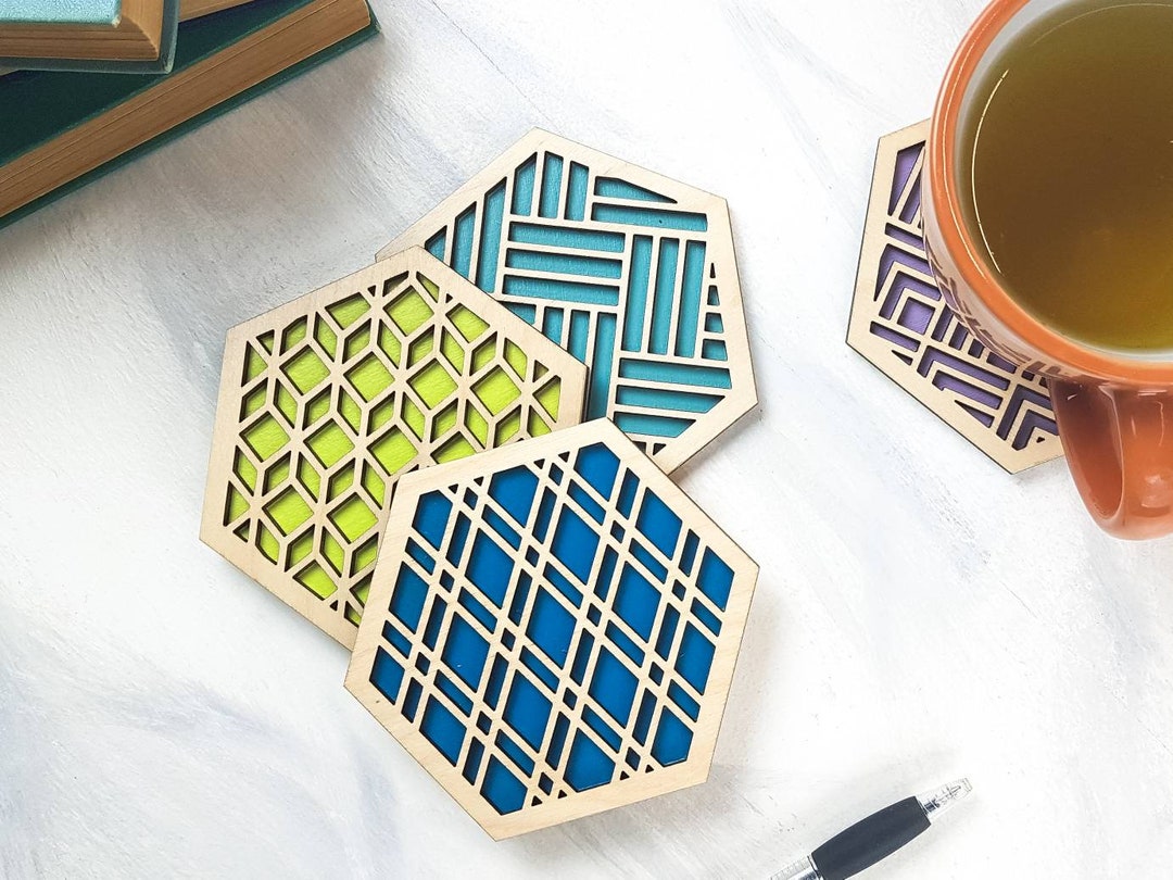 Coaster Set of Four, Hexagon Coaster, Fun Coaster, Modern Geometric ...