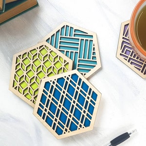 Coaster Set of Four, Hexagon Coaster, Fun Coaster, Modern Geometric ...
