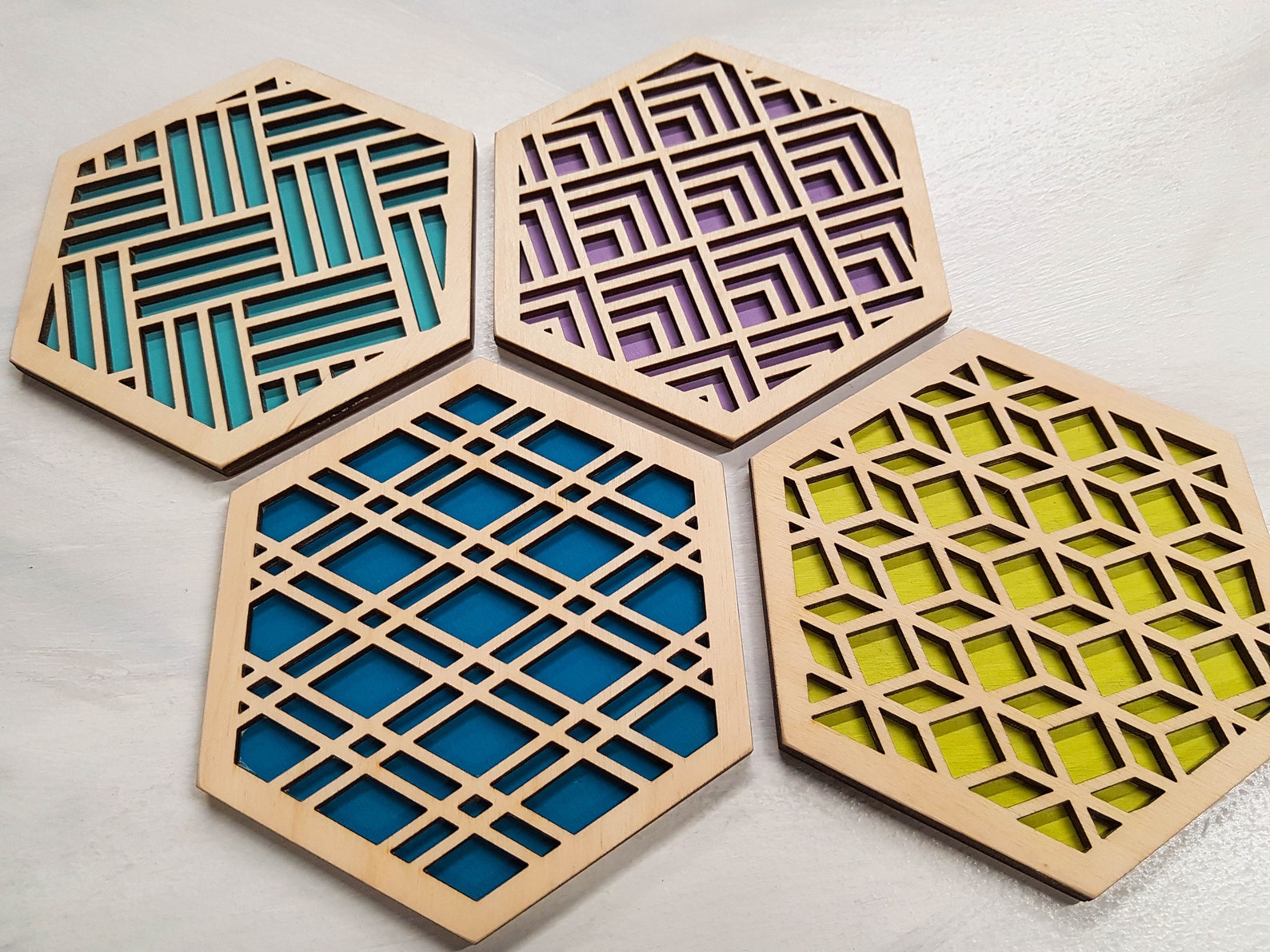 Coaster Set of Four, Hexagon Coaster, Fun Coaster, Modern Geometric ...