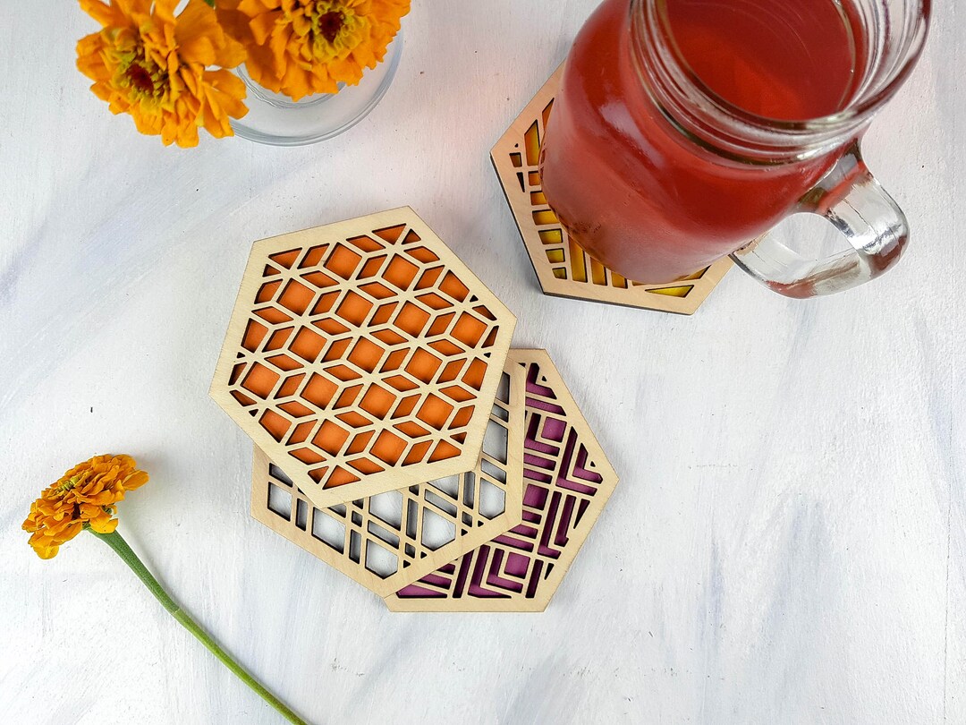 Hexagon Coaster Set of Four, Fun Modern Boho Decor Made of Wood, Unique ...