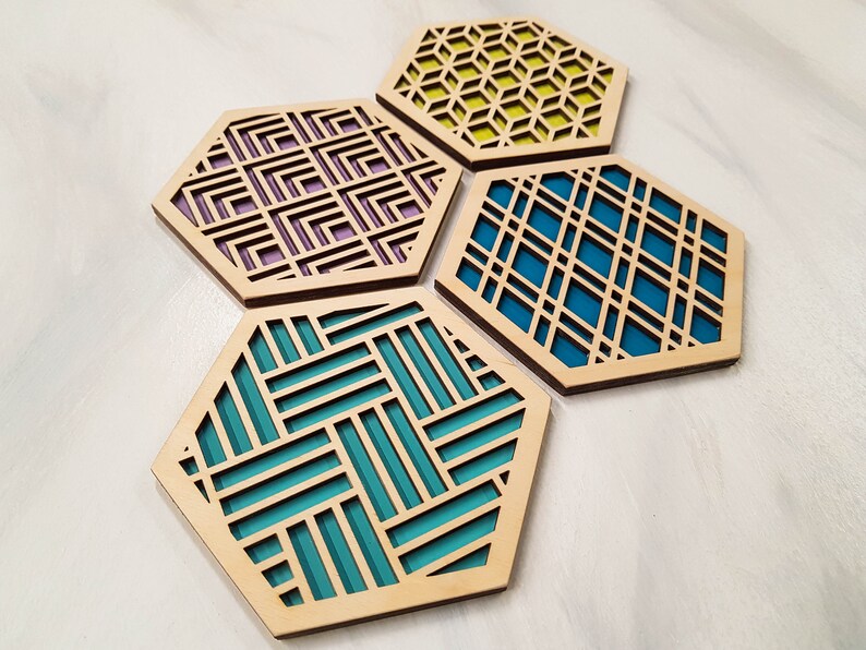 Coaster Set of Four, Hexagon Coaster, Fun Coaster, Modern Geometric ...