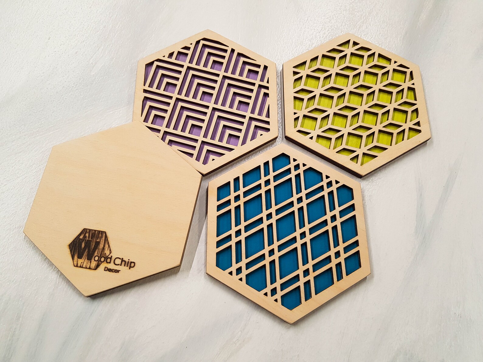 Coaster Set of Four, Hexagon Coaster, Fun Coaster, Modern Geometric ...