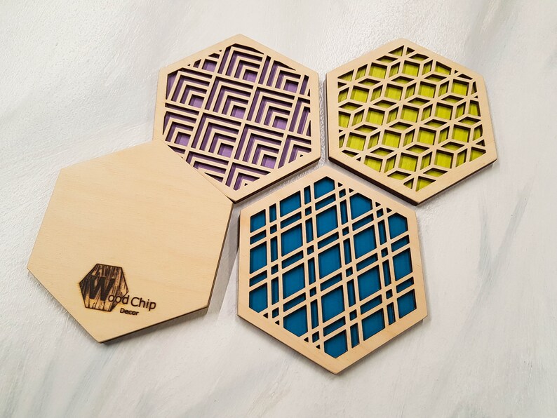 Coaster Set of Four, Hexagon Coaster, Fun Coaster, Modern Geometric ...