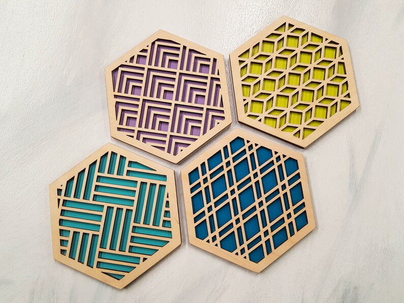 Coaster Set of Four, Hexagon Coaster, Fun Coaster, Modern Geometric ...