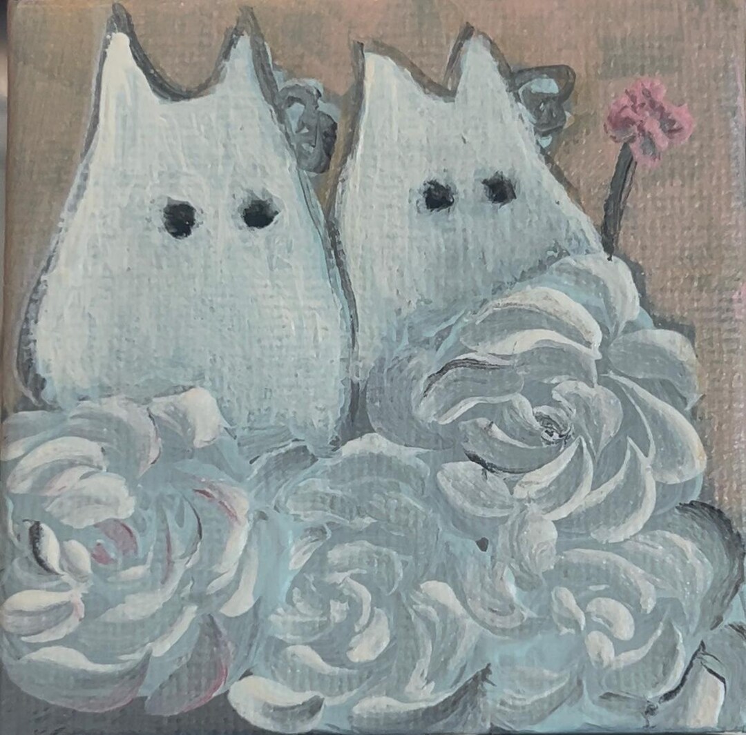 Totoro and Light Blue / Grey Roses Acrylic Painting 3 X 3 " Mini Canvas ...