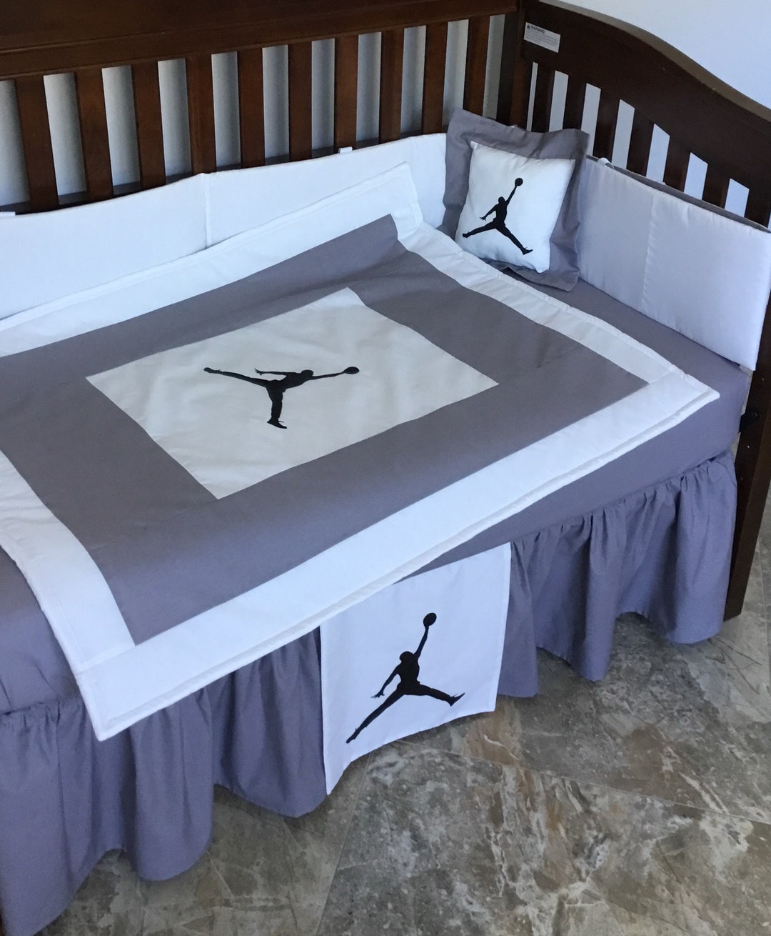 MICHAEL JORDAN NBA Basketball Grey and White Custom Made Crib Bedding ...