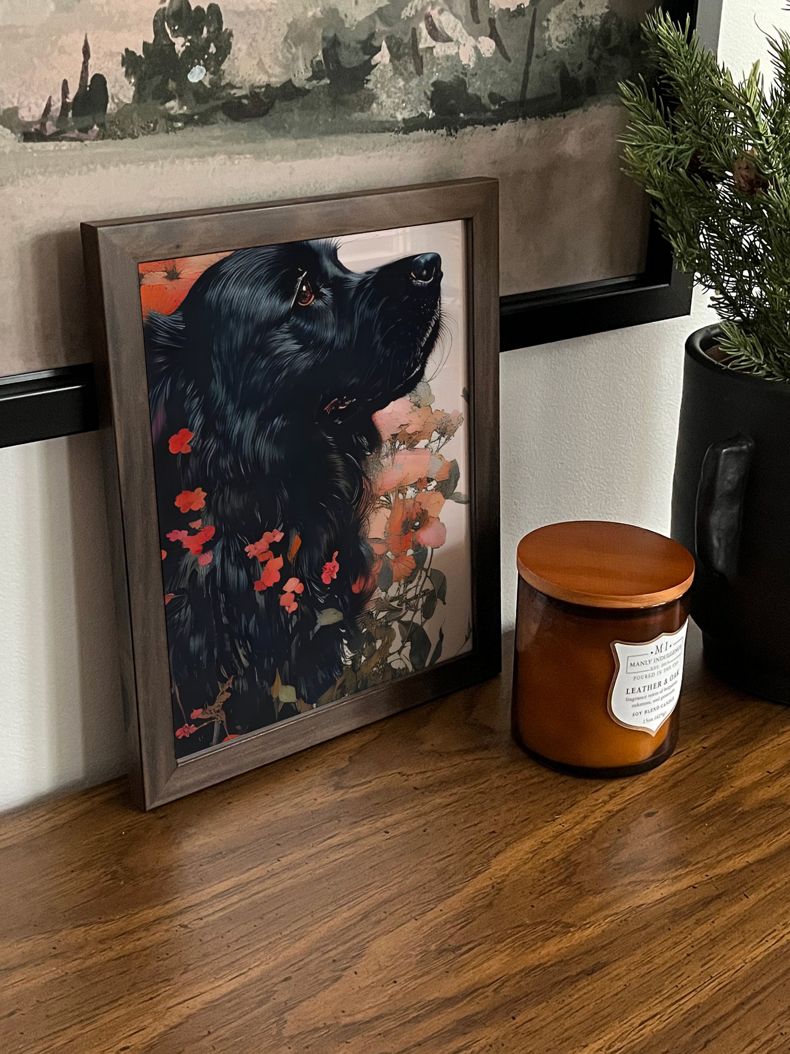 Unique Hovawart Dog in Profile With Flowers, Oil Painting Printable, 24 ...