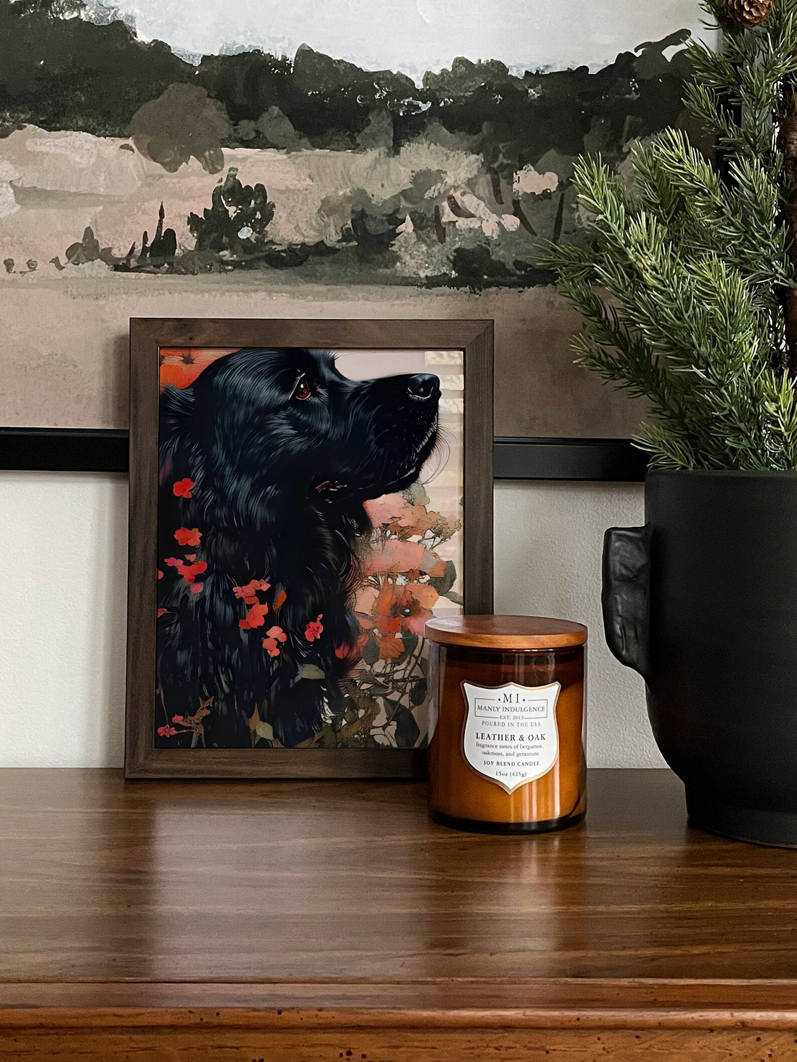 Unique Hovawart Dog in Profile With Flowers, Oil Painting Printable, 24 ...