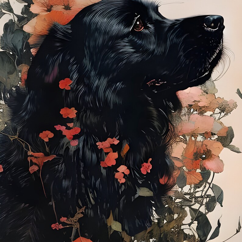Unique Hovawart Dog in Profile With Flowers, Oil Painting Printable, 24 ...