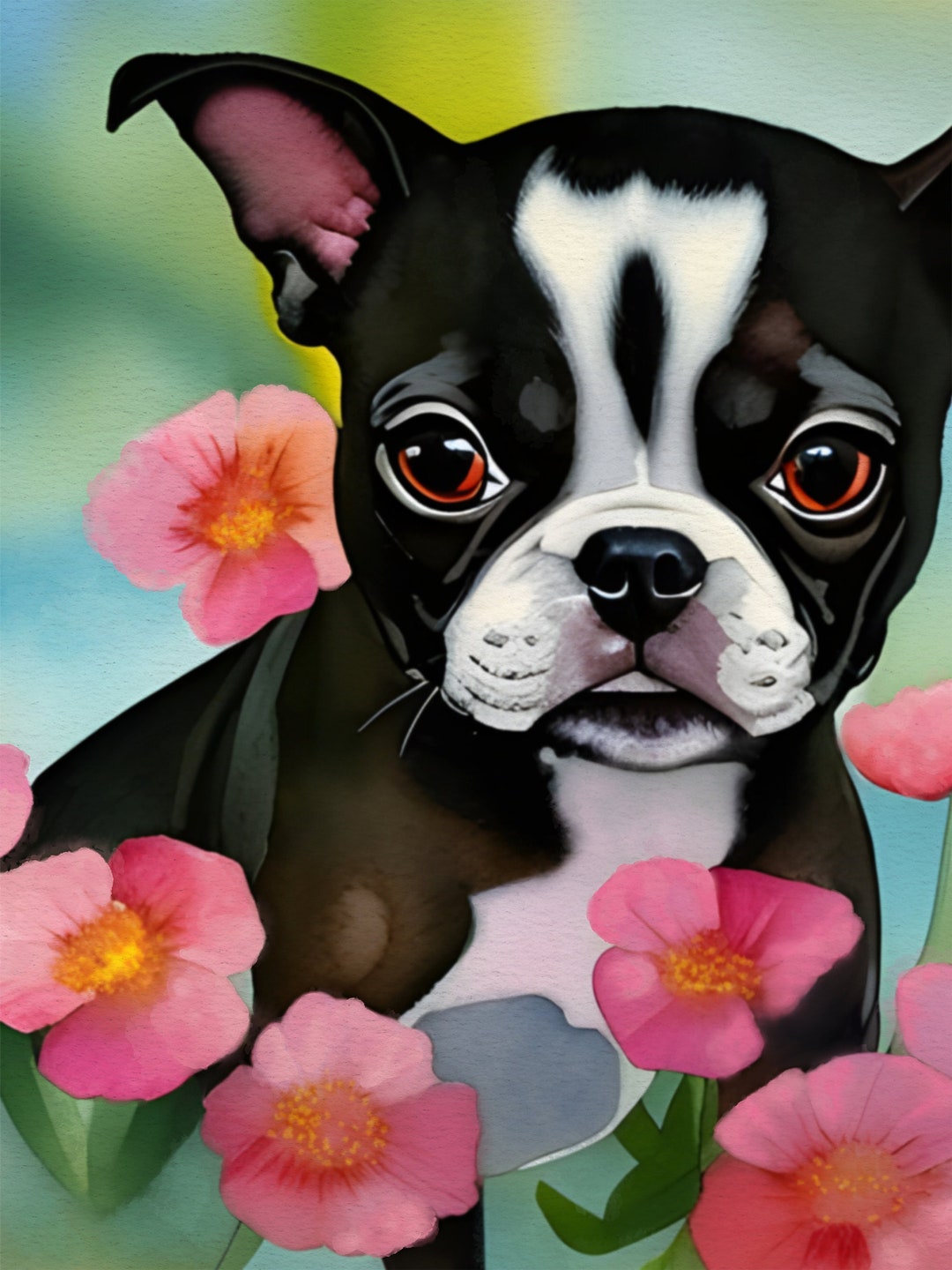 Adorable Boston Terrier Puppy Printable, Watercolor Style With Flowers ...