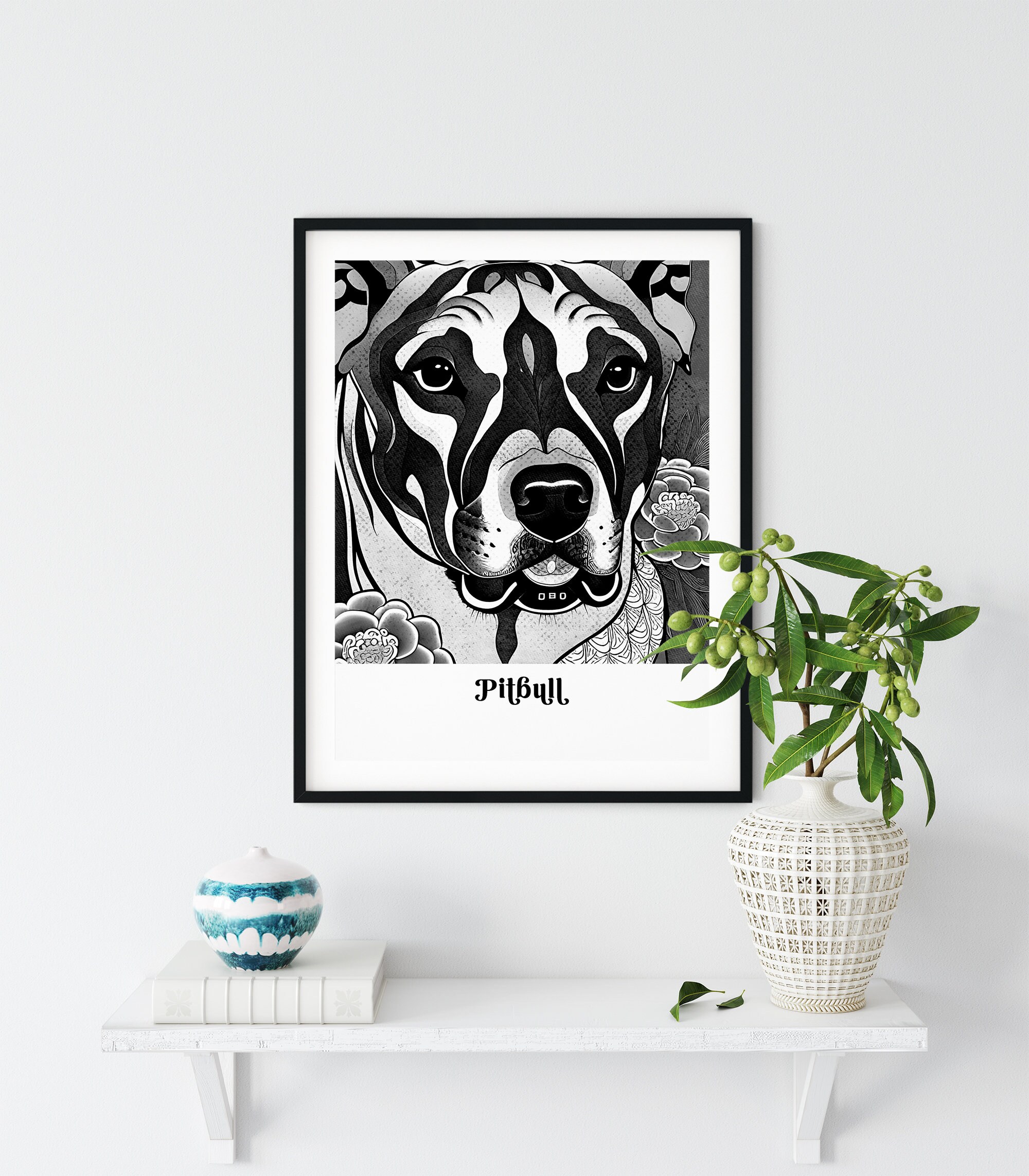 Black and White Pitbull Wall Art Printable, 16" X 20," Digital Download ...