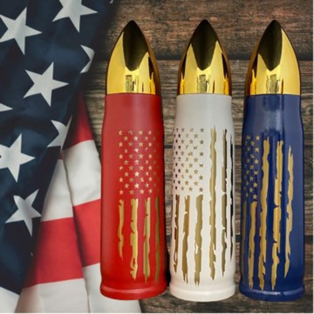 Distressed American Flag Powder Coated Thermos Bullet Tumbler, Rifle ...