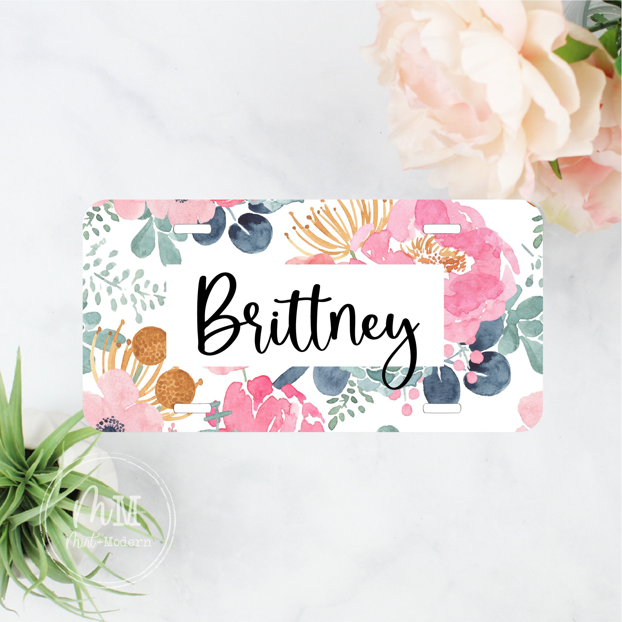 Monogram Pink Floral Front License Plate | Etsy