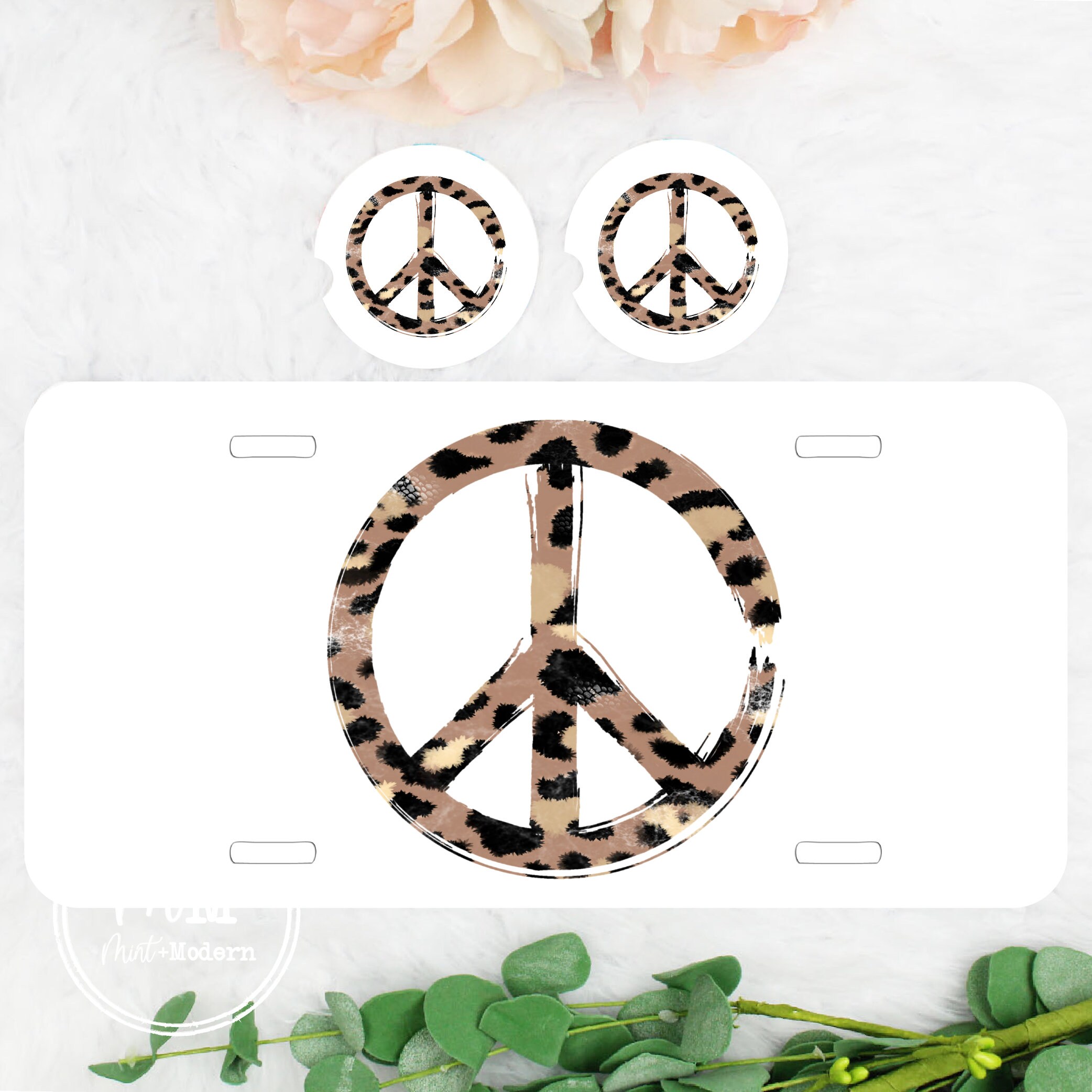 Leopard Peace Sign Front License Plate and Car Coasters Set | Etsy