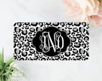 Black and White Leopard Monogram License Plate, Leopard Name Car Tag ...