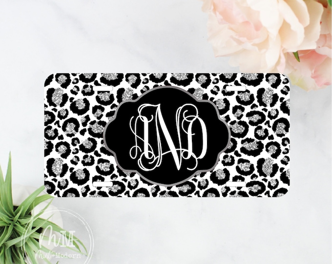 Black and White Leopard Monogram License Plate, Leopard Name Car Tag ...