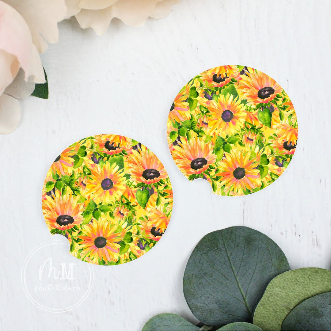 Sunflower Ceramic Car Coaster Set 2.5" Diameter - Etsy