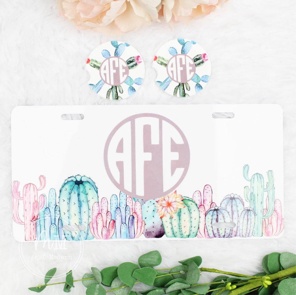 Monogram Cactus Front License Plate and Car Coasters Set - Etsy